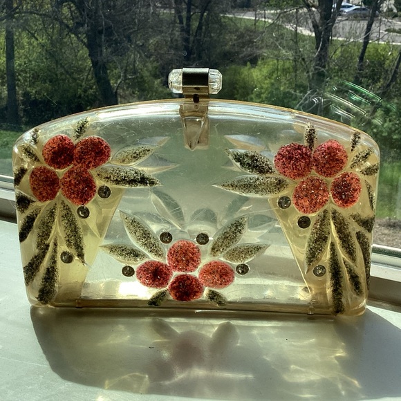 Bags | Vintage Clear Bakelite Lucite Floral Plastic Clutch Purse 194s ...